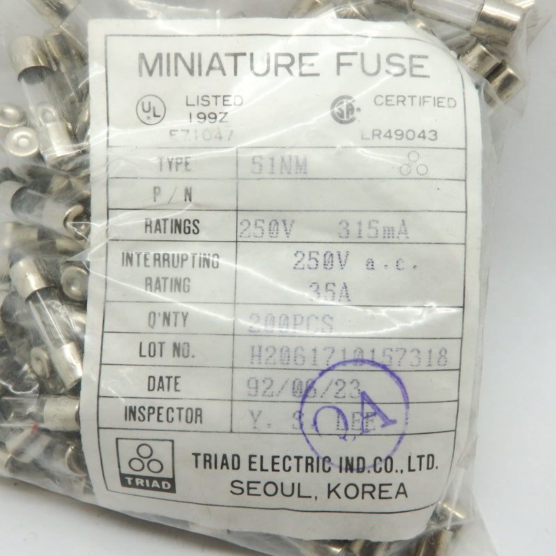 200 Pack of Littelfuse Type 51NM 250VAC 315mA Miniature Glass Fuses ...