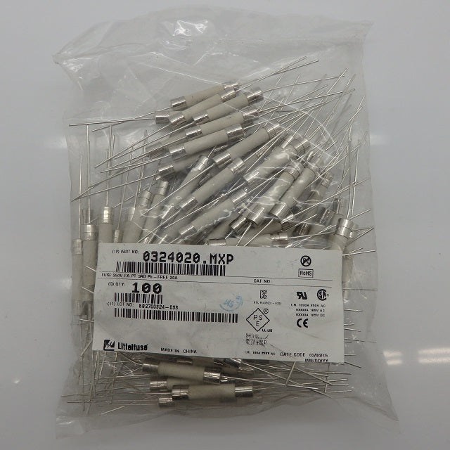 100 Pack of Littelfuse 20A 250VAC Fast Acting Axial Ceramic Fuses 0324 ...