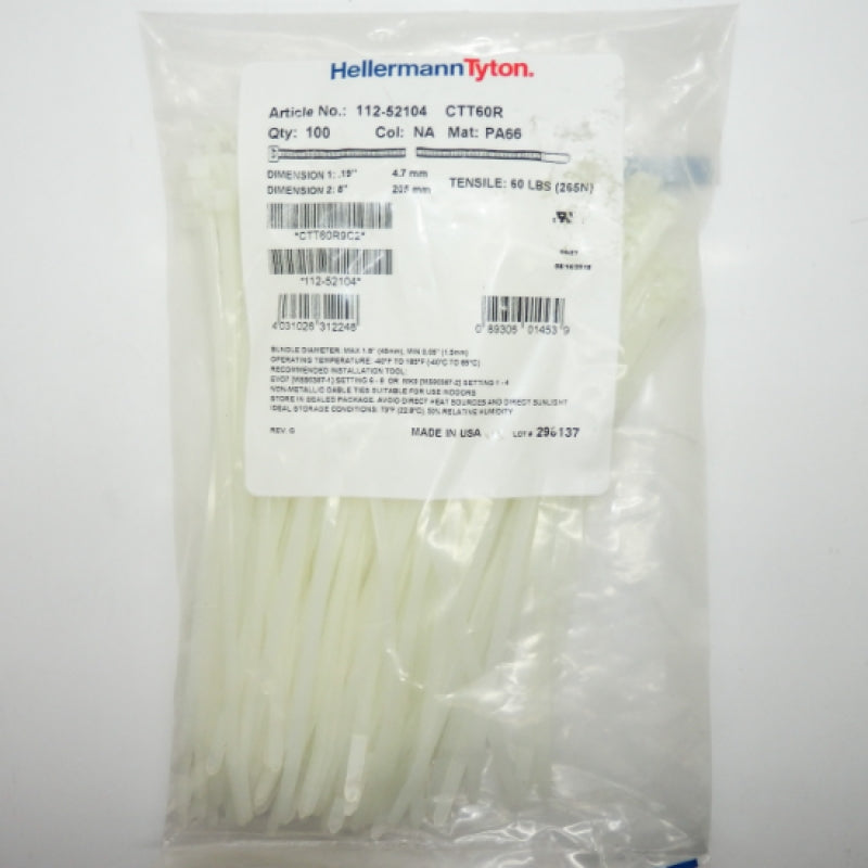 Pack of 100 HellermannTyton 8" Natural Cable Tie CTT60R9C2 – Primelec