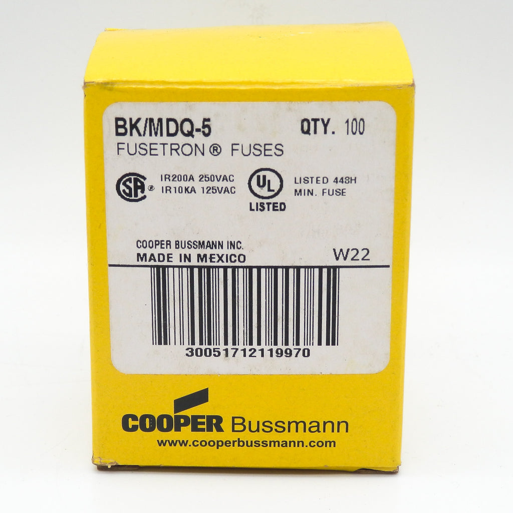 100 Pack of Eaton Bussmann BK/MDQ-5 250VAC 5A Cartridge Glass Fuses ...