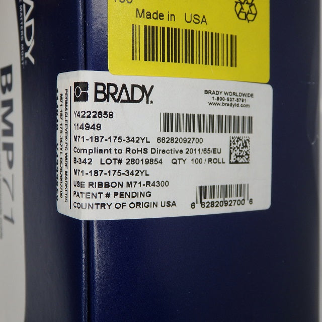 Brady BMP71 PermaSleeve Yellow Heatshrink Labels - 100 / Roll M71-187 ...